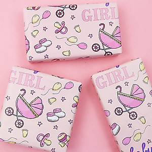Baby Girl Birthday Wrapping Paper For Kids Girls, Stroller Baby Socks Nipple Balloons Designs Gift Wrap Paper for Birthday or Baby Shower, 4 Sheets Pink Paper Folded Flat 20x28 Inches Per Sheet
