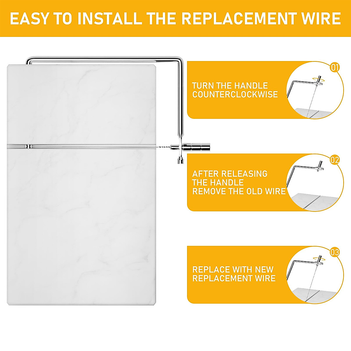 Cheese Slicer - Cheese Cutter with 5 Replacement Upgrade Thick Cutting Wires - Heavy Duty 5" x 8" Marble Board Cheese Slicer for Block Cheeses, Butter, Etc - Kitchen Gadget Cheese Slicer Tool - White