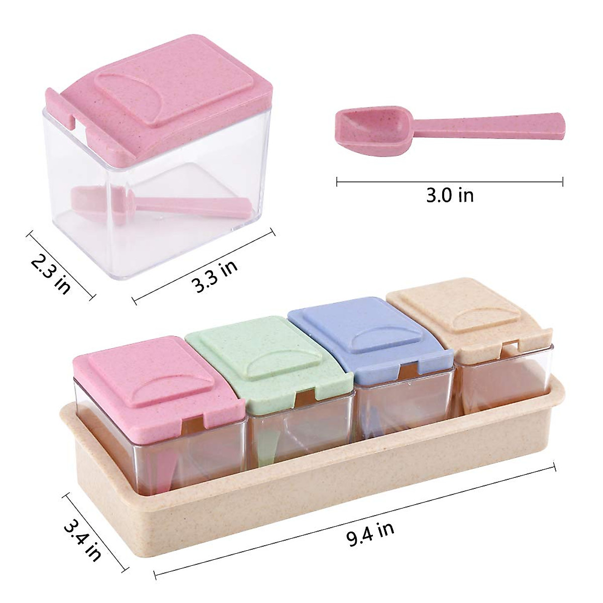 Latauar Clear Seasoning Box and Container with Cover and Spoon, Four Compartment Spice Shaker Jars and Pots, Condiment Cruet Bottle and Storage Organizer Kitchen Supplies, 24×8.6×10.2 cm