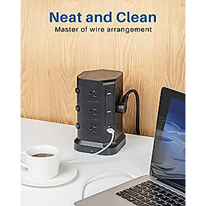 Power Strip Tower by KOOSLA, [15A 1500J] Surge Protector - 12 AC Multiple Outlets & 6 USB Ports, Flat Plug 14 AWG Heavy-Duty Extension Cord 6.5ft, Home Office Supplies, Dorm Room Essentials Black