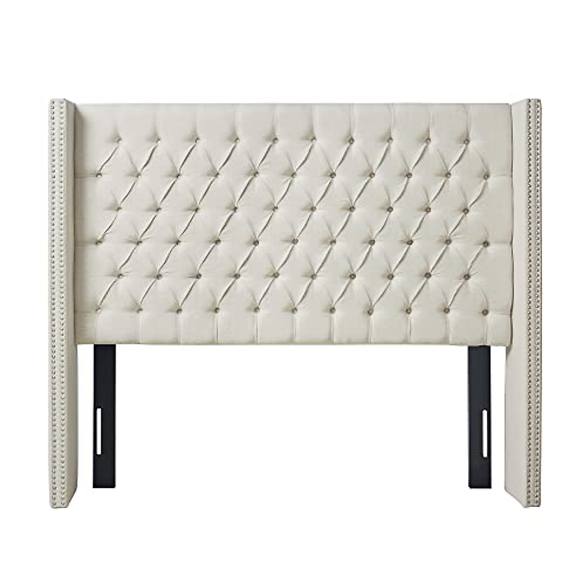 Madison Park Amelia Upholstered Headboard | Nail Head Trim Wingback Button Tufted | King, Cream