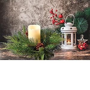 12 Inch Artificial Juniper and Cedar Christmas Candle Ring with Bay Leaves and Pine Cones for Pillar Candles