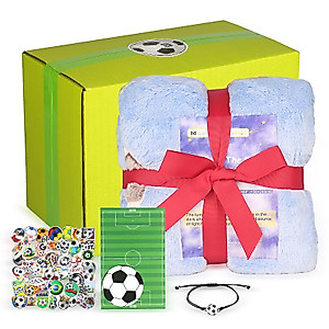 ALFUN Soccer Gifts Set for Kids, Soccer Blanket 50"*60", 50 Pieces Soccer Stickers, Soccer Bracelet & Greeting Card, Soccer Gift Bags for Boys Girls