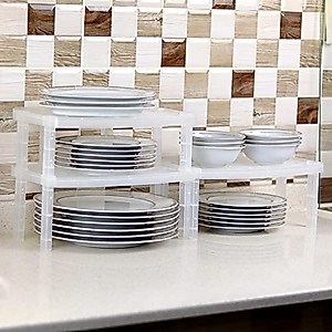 DecoBella Stackable Shelves for Cabinets and Countertop, Storage Organizer 2 Layer Shelves for Undersink, Pantry, Kitchen, Bathroom, Laundry Room, DIY Rack for Spices, Plates, Supplies (Clear)