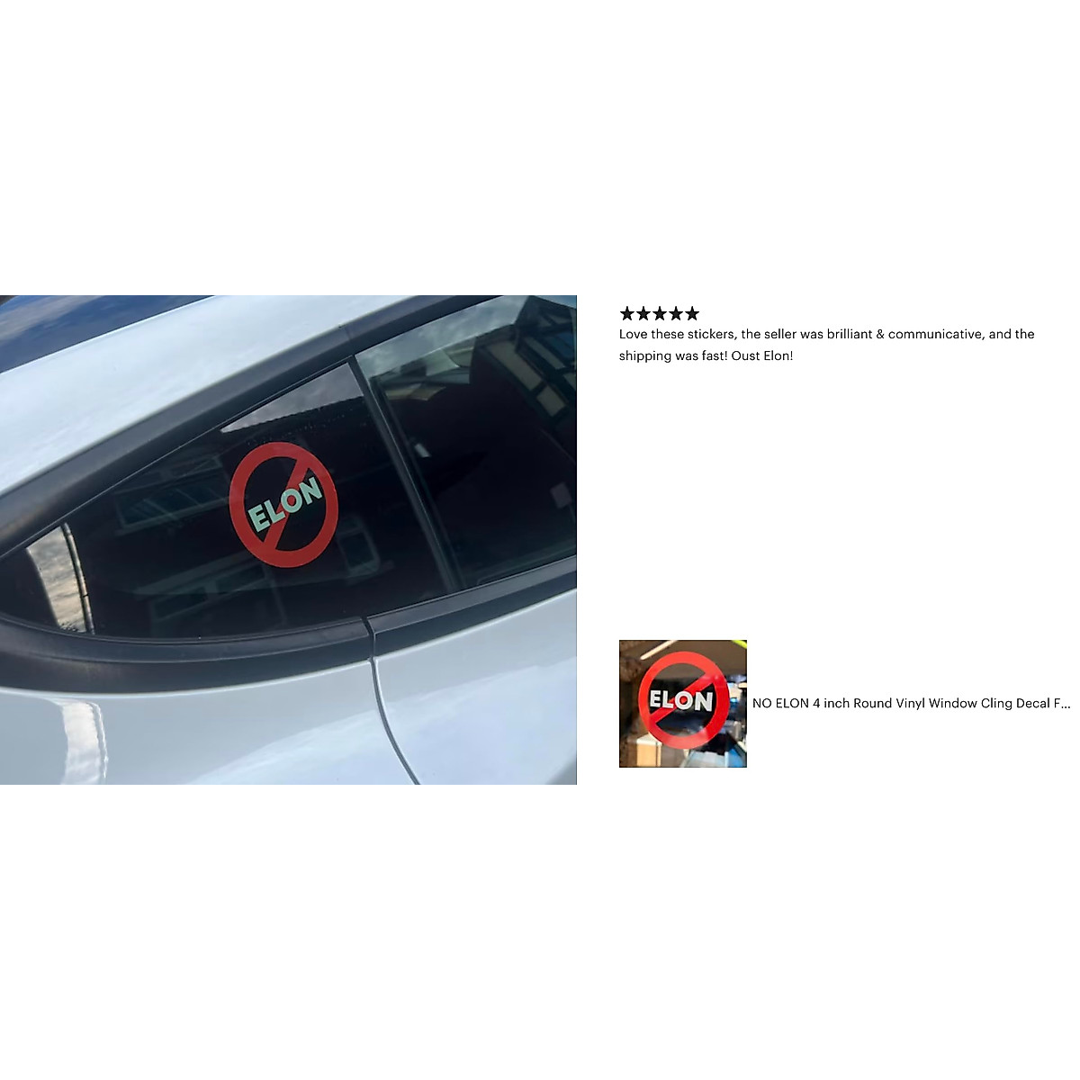 Anti Elon NO Elon Musk 4 inch Round Vinyl Cling Window Decal for Tesla Owners Inside or Outside Window and Car Window Sticker