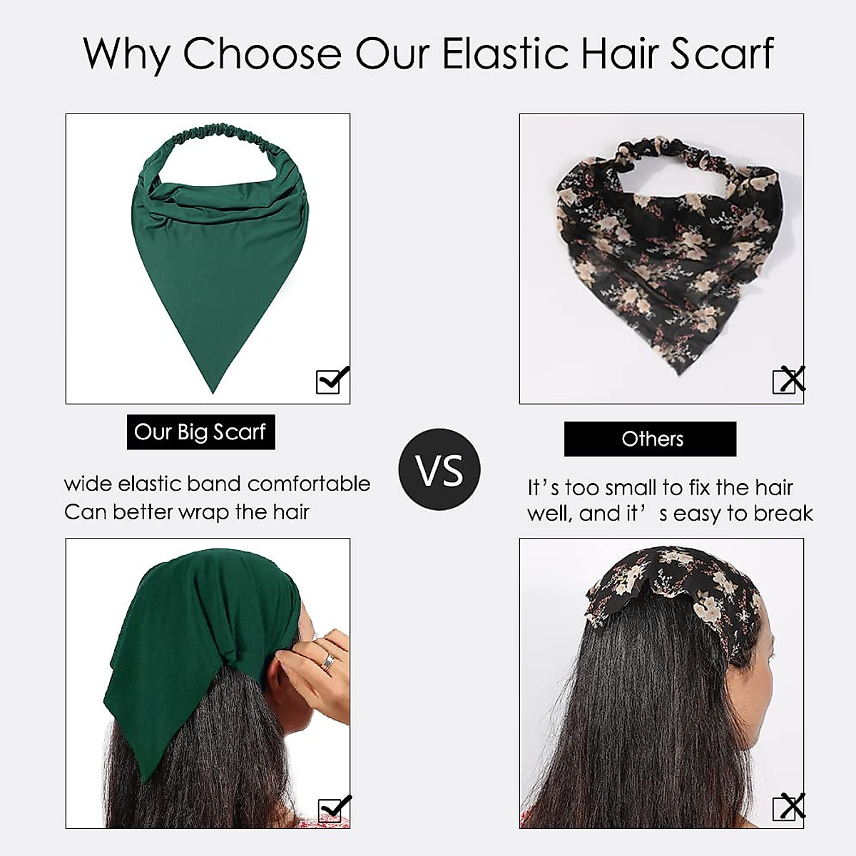 6 Pack Hair Scarf Headband for Women - Elastic Hair Kerchief Large Boho Triangle Bandana Head Scarf with Clips Non Slip Solid Color Headbands Hair Scarves Hair Accessories for Teen Girls