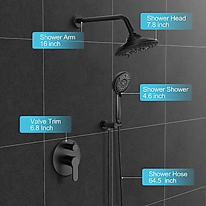 EMBATHER Black Shower Faucets Sets - Overhead Rain Head Shower System with 8-Mode High Pressure Handheld Complete Combo and Mixer Valve Trim Kit - 3-Way Rainfall Shower Fixture for Luxury Bathroom
