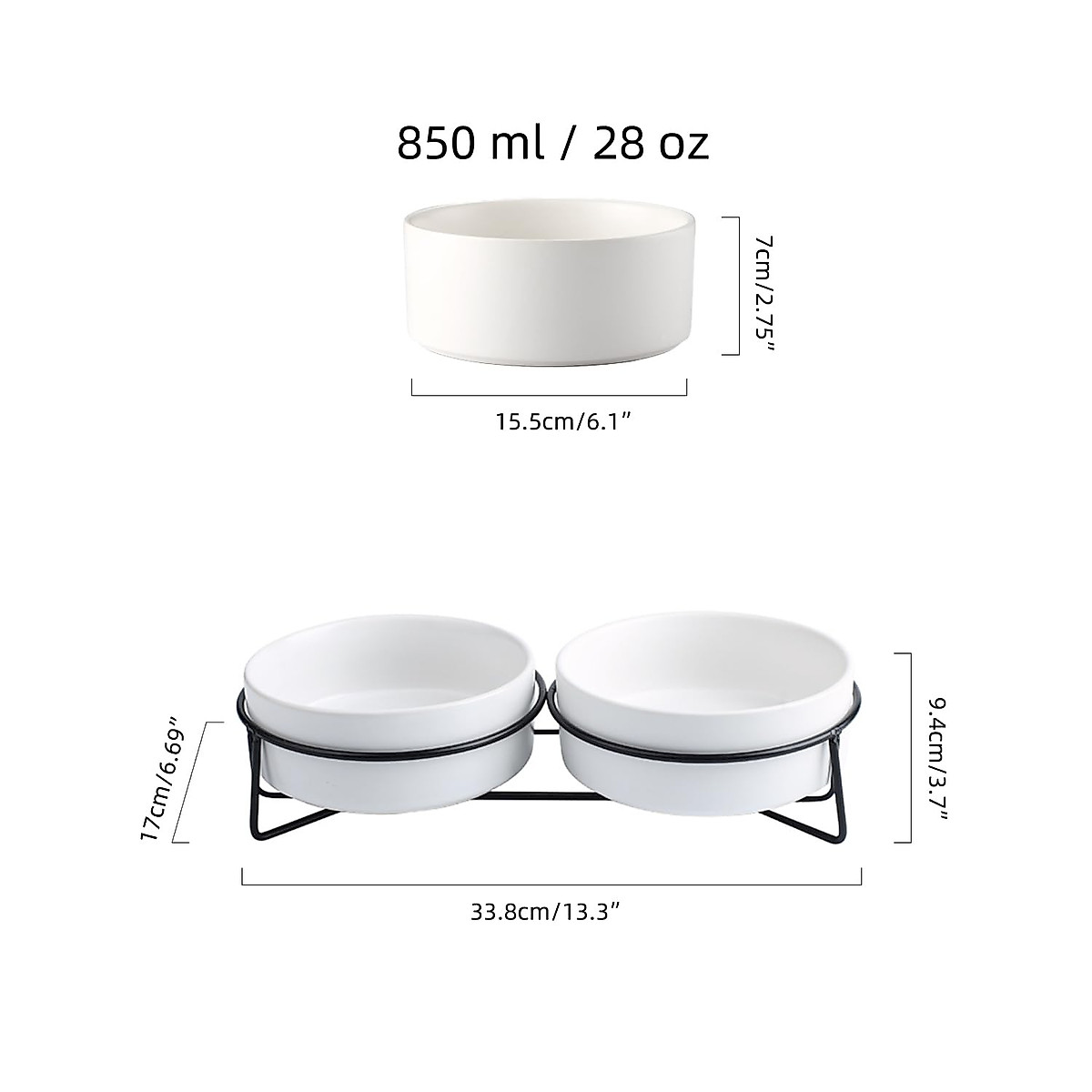 CuteNest Elevated Dog Bowl Iron Frame 6-inch Ceramic Dog or Cat Food and Water Bowls Dual Feeder for Adult Cat or Medium Dog, Non-Slip Base (Double Bowl with Stand - White, 6“)