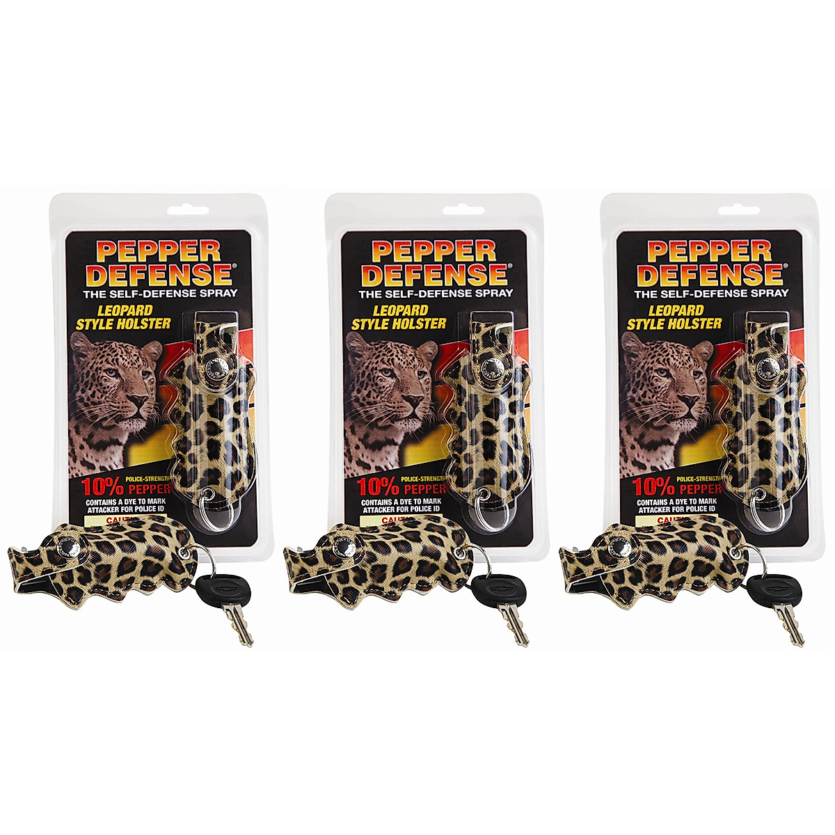 Pepper Defense 1/2 oz. Pepper Spray with Grip Holster and Keychain Attachment - Safety Twist Lock Glow Trigger - Maximum Strength 10% OC Formula - Self Defense Personal Protection (Leopard 3-Pack)