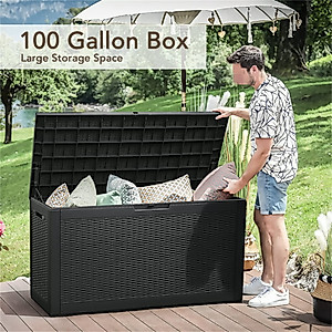 100 Gallon Resin Deck Box for Outdoor, All-Weather Deck Boxes, Extra Seating Benches, Indoor Outdoor Storage Housing Lockable Storage Container Box, 47.83 L x 21.46 W x 24.21 H inches, Black