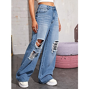 SweatyRocks Women's Casual Loose Ripped Denim Pants Distressed Wide Leg Jeans Blue Medium