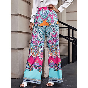 WDIRARA Women's Tropical Print High Elastic Waisted Wide Leg Loose Pants Trousers Multicolor Paisley M