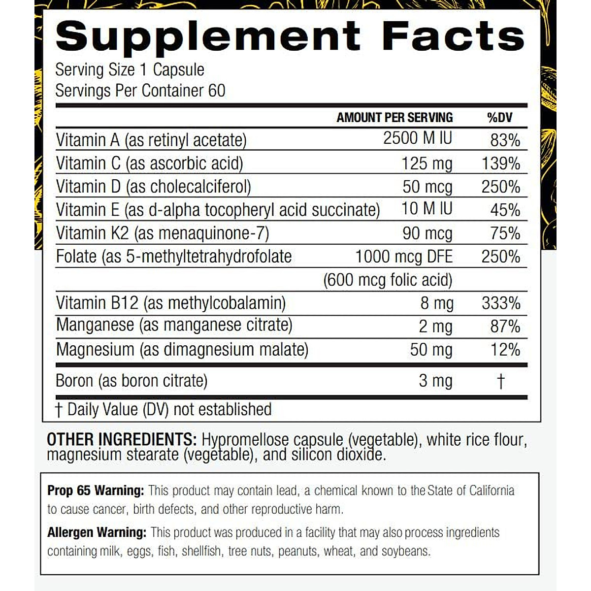 Palo Essential+ Adult One Daily Ritual Multivitamin with Vitamins D3, K2 (as MK7), B12, E, Folate, Minerals Boron and Magnesium and more (60 capsules, 2 month Supply)
