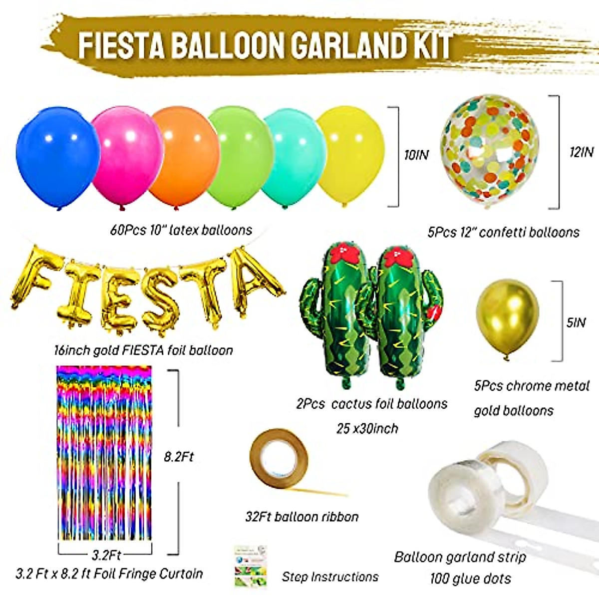 Fiesta Party Decorations Fiesta Balloon Garland Rainbow Fringe Backdrop Cactus Foil Balloon Latex Confetti Balloons with Tape Set for Mexican Luau Theme Party Decor
