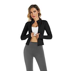 Aolpioon Women's Quick Dry Stretchy Sweat Shirt Long Sleeve Athletic Crop Jackets Yoga Tennis Golf Tight Fitted Light Jacket Black L