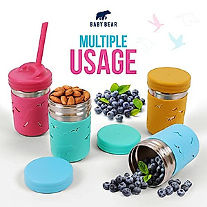 Baby Bear Products Kids Cups - Set of 4, 250ml Stainless Steel Mason Jar with Silicone Sleeves and Straws with Stoppers | Smoothie Cups | Spill Proof Toddler Sippy Cups