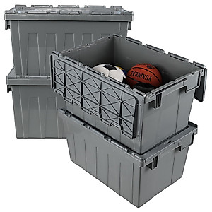 Qqbine 4 Packs 15 Gallon Heavy-Duty Flip Top Plastic Storage Bins, Commercial Plastic Storage Tote with Attached Lid, Gray