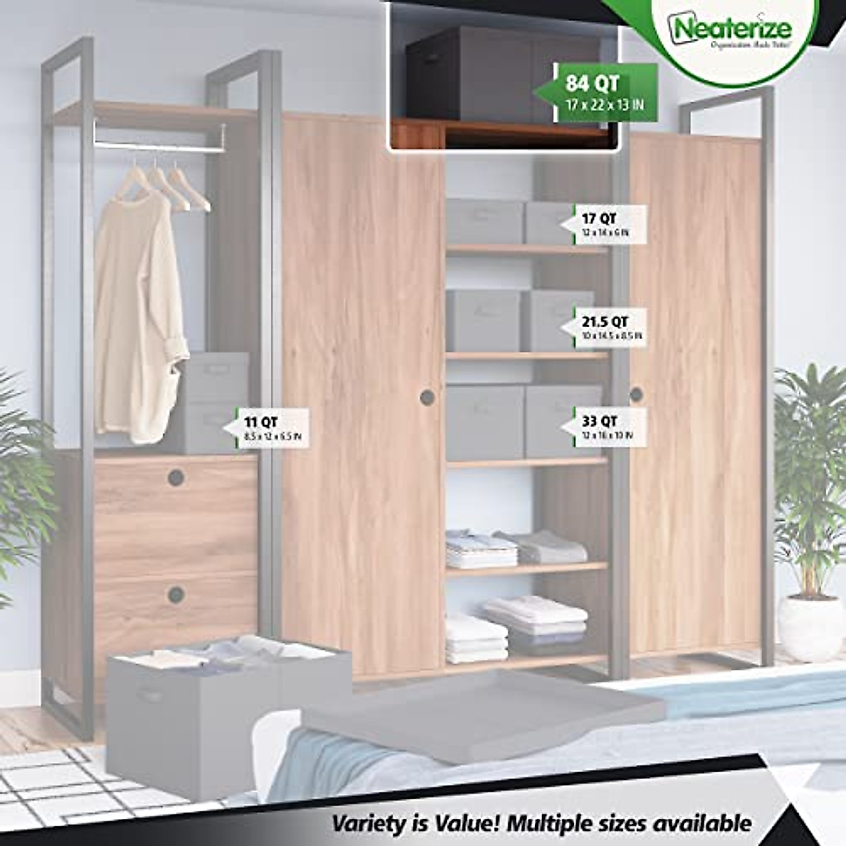 Extra Large Storage Bins With Lids (Set of 2) - Heavy-Duty Empty Fabric Storage Organizers with Removable Lids & Dual Handles. Great For Photos, Toy box, Linen Closet, Clothes (84 QT - Grey)