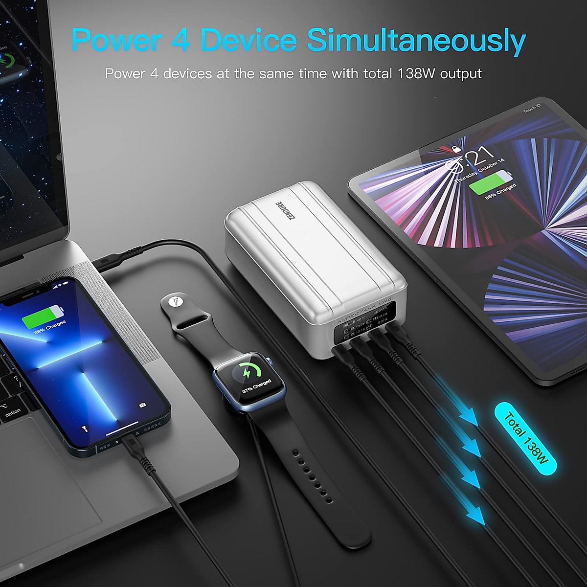 Zendure Portable Laptop Charger 100W PD 26800mAh Power Bank with 4 USB-C, 1 USB-A Adapter, External Battery Pack for Laptop iPad iPhone AirPods Pro Huawei OLED Display