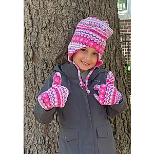 N'Ice Caps Girls Hat Gloves Set Kids Fleece Winter Warm Sherpa Lined Fair Isle (5-8 Years, Fuchsia Multicolor)