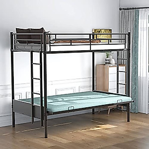 Epinki Twin Over Full Metal Bunk Bed, Multi-Function, Black, Bed Frame, Easy Assembly