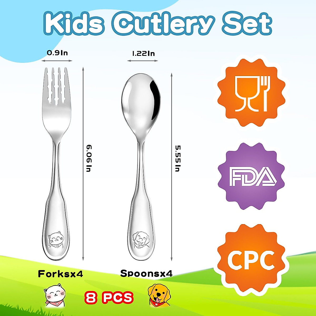 Toddler-Utensils-Kids-Silverware-Set, 8 PCS 18/10 Stainless Steel Toddler Forks and Spoons, Round Edges Children Cutlery Set with Dog & Cat Pattern, Non-slip Fork, Mirror Polished, Dishwasher Safe