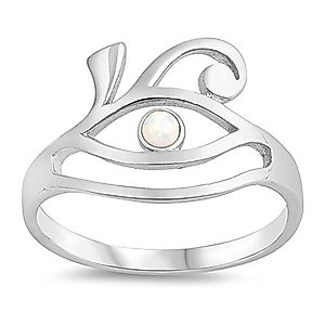 White Simulated Opal All Seeing Eye Ring 925 Sterling Silver Evil Wave Band Size 7