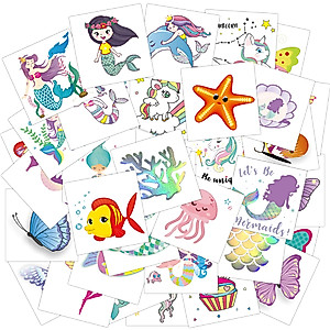Temporary Tattoos for Kids(80pcs),Konsait Glitter Mermaid Unicorn Butterfly Tattoos for Children Girls Birthday Party Favors Supplies Great Kids Party Accessories Goodie Bag Stuffers Party Fillers