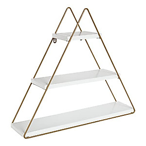Kate and Laurel Tilde Small Three Tiered Triangle Floating Metal Wall Shelf, White and Gold