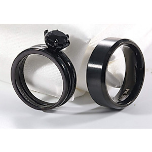 Ringcrown 2 Rings Couple Rings Bridal Sets Black Cz Womens Wedding Ring Sets Titanium Steel Man Wedding Bands