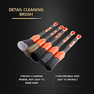 SPTA Car Detailing Brush Set, 5 Pack Soft Boar Hair Auto Detail Brush Kit with Elbow for Automotive Elegant Surface Interior Exterior Dashboard Emblems Panels Engine Bay Wheels Air Vent Seat Leather
