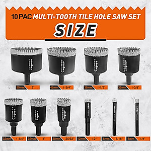 ASNOMY 10PCS Diamond Hole Saw Set, 1/4"-2"Inch Serrated Brazing Tile Hole Saw Diamond Core Drill Bits Set with EVA Mold Hole Saw Guide Jig for Porcelain Tile Glass Ceramic Stone Granite Marble