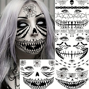 EGMBGM 4 Sheets Scary Halloween Face Temporary Tattoos For Women Men, 3D Witch Zombie Makeup Kit For Kids Girls Boys Adults, Dia de los muertos Day of the Dead Makeup Face Tattoos Spider Web Bat Scar