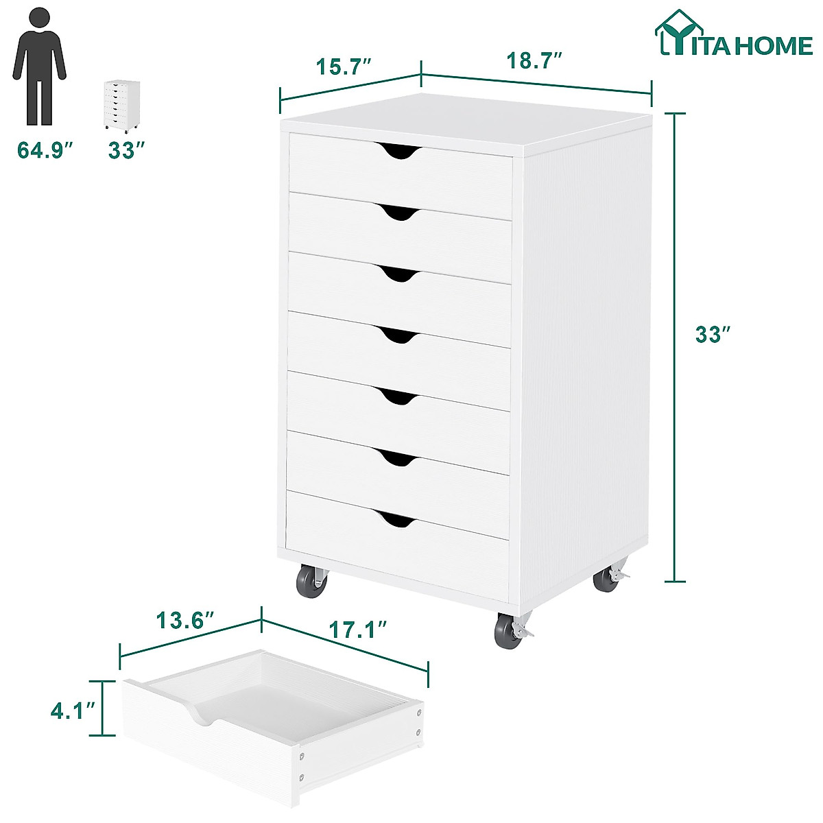YITAHOME 7 Drawer Chest, Mobile File Cabinet with Wheels, Home Office Storage Dresser Cabinet, White
