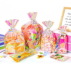 50pcs Iridescent Holographic Cellophane Bags,4x10inches Candy Treat Bags Party Favor,Cookie Goodie Bags with 50pcs Gold Twist Ties for Baby Showers Weddings Birthday Christmas Thanksgiving Halloween