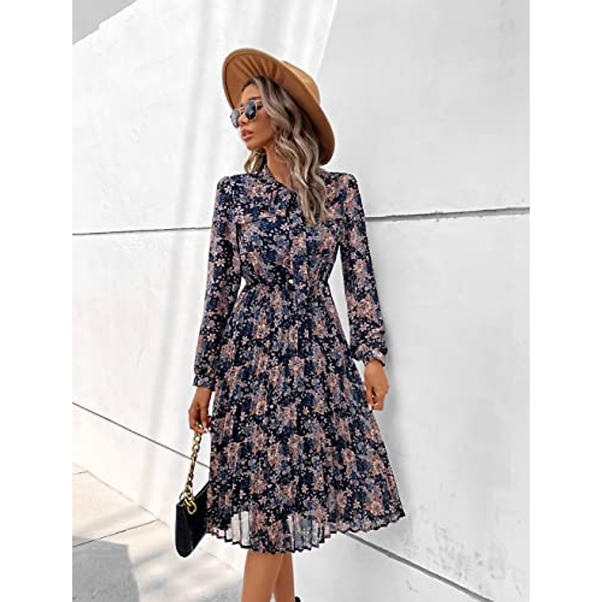 HAOKEKE Women Print Dress Long Sleeves Chiffon Dress Retro Pleated Buttons Down Bow Tie Fairy Lady Dress Navy Blue Flower Print US 12-14
