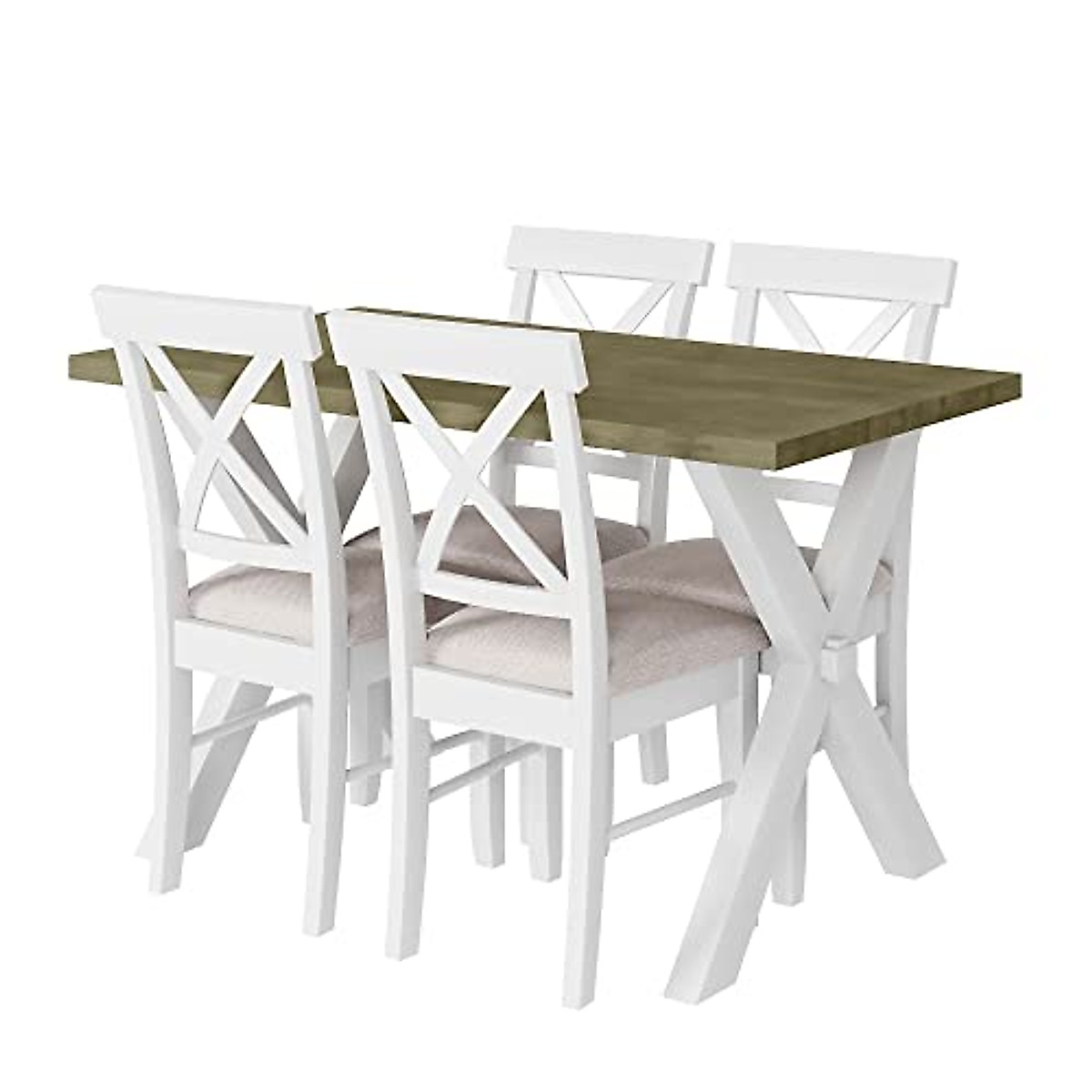 Harper & Bright Designs 5-Piece Wood Dining Table Set, Farmhouse Rustic Kitchen Dining Table with 4 Upholstered X-Back Chairs, White+Beige