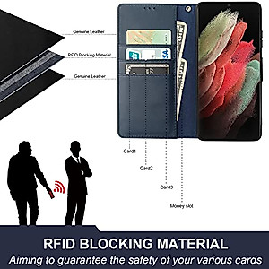 ONETOP for Samsung Galaxy S21 Ultra Wallet Case with Card Holder, Genuine Leather RFID Blocking Kickstand Wireless Charging Compatible, Long Magnetic Clasp Folio Cover with Wrist Strap 6.8 Inch Blue