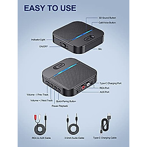 COMSOON Bluetooth Receiver for Car/Home Stereo/Speakers, 3D Surround Sound Bluetooth Car Stereo Digital Media Receivers for Music Streaming/Hands-Free Calling + 3.5mm AUX/RCA Cable