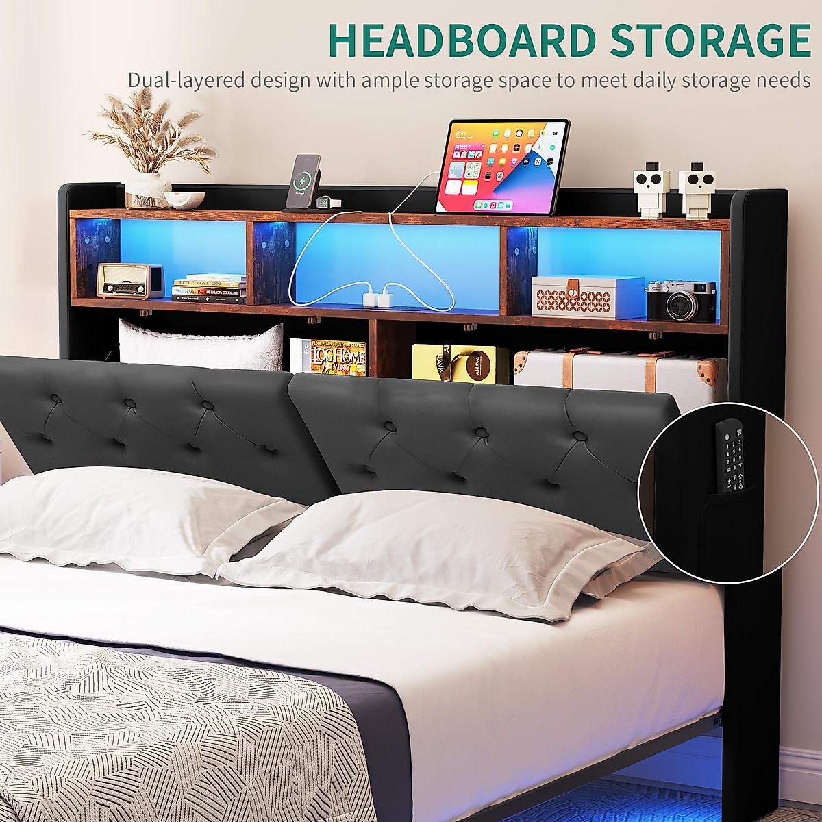 YITAHOME Full Floating Bed Frame with LED Lights, Platform Bed Frame with USB and Type C Ports Button Tufted Headboard, Upholstered Platform Bed with Bag, No Box Spring Needed, Noise Free, Black