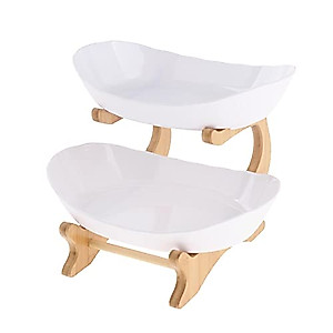 Elegant Multi-Tiered Fruit Tray Plate with Wooden Stand, Serving Tray, Appetizer Dessert Stand, Tray Display, 2 Tiers White