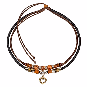 Ancient Tribe Leather and Hemp Cord Choker Necklace with Heart Pendant and Mixed Beads