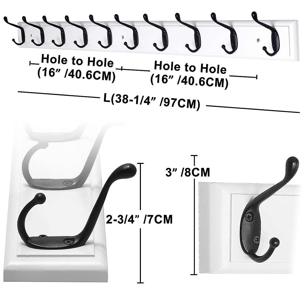 Dseap Coat Rack Wall Mounted: 10-Hooks, 16" Hole to Hole, 38-1/4" Long, Wood Coat Hooks Wall Mounted, Hook Rack, Hook Rail, Hooks for Hanging Coats, White & Black