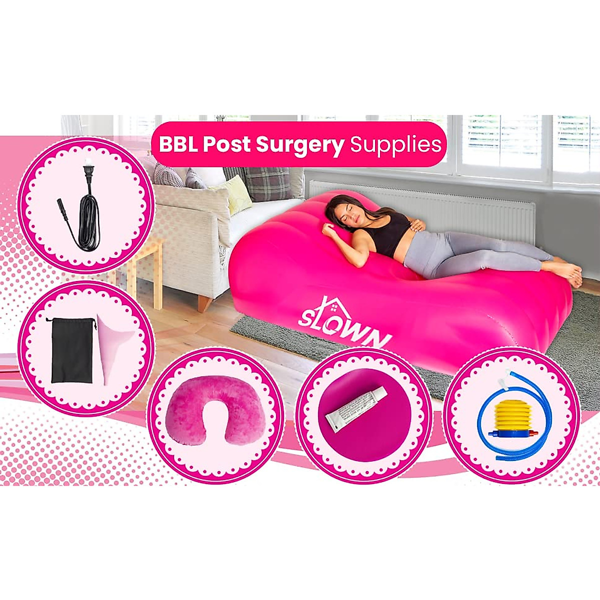 Slown BBL Bed - Inflatable BBL Mattress with Hole After Surgery for Butt Sleeping, Brazilian Butt Lift Recovery, BBL Bed with Hole with Built-in Electric Air Pump, Neck Pillow and Urination Device