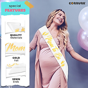 CORRURE Baby Shower Sash for Boy or Girl - 'Mom to Be' Sash With Beautiful White Ribbon and Gold Foil Text - Ideal Gender Reveal, Baby Shower, Welcome Baby, Mom to Be or Baby Sprinkle Gift