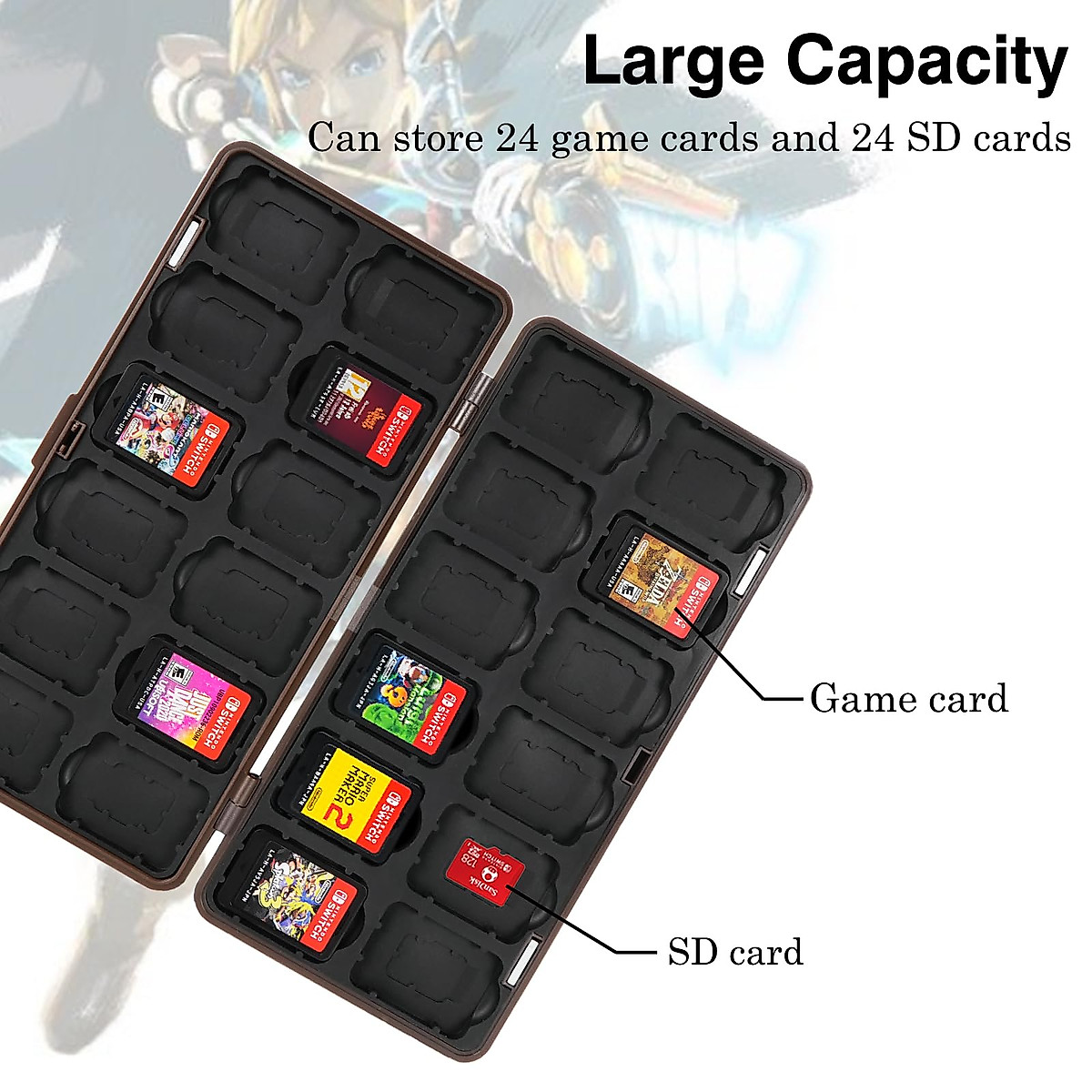 TIKOdirect Game Card Case for Nintendo Switch/SD Cards, Storage 24 Switch Game Cards Portable Holder Pretty Cute Hard Shell with Magenic Closure, Brown