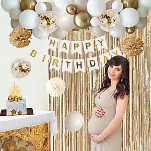 Gold Birthday Party Decorations for Women Men Beige Balloons Banner Tablecloth