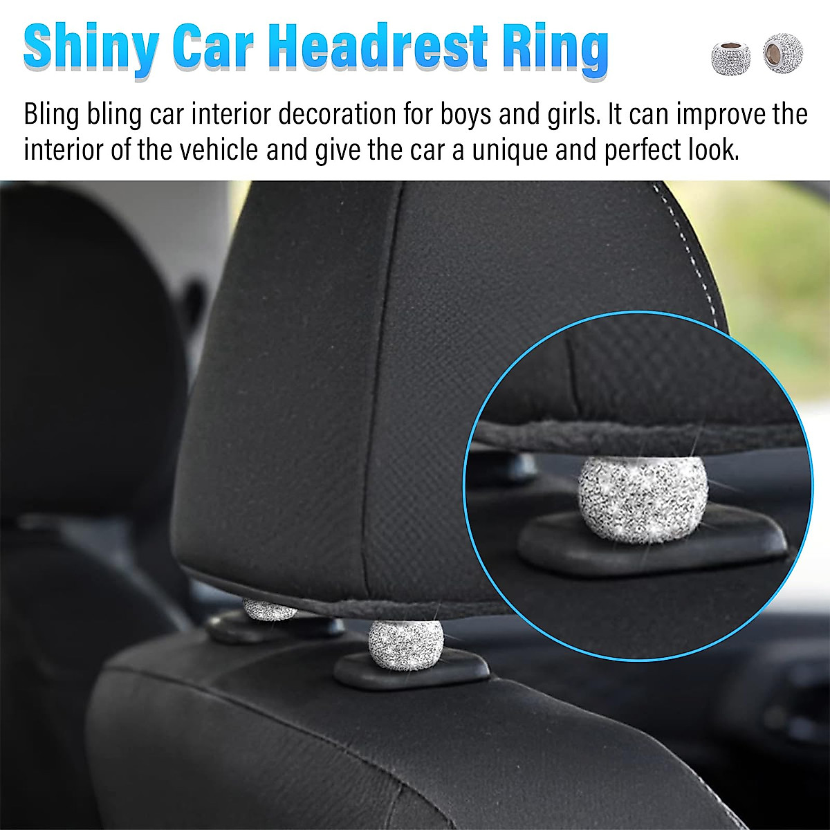 Kewucn 4 Pack Car Headrest Collars, Bling Auto Head Rest Collar Decor Rings, Crystal Diamond Vehicle Seat Collars Rings, Universal Car Interior Decoration Accessories for Most Cars (White)