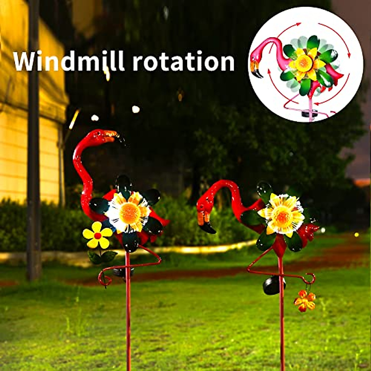 Histoacryl 2 Pack Pink Flamingos Outdoor Decorations, Metal Flamingo Solar Stakes Lights with Wind Spinner, Yard Sculptures Art Decorative for Garden, Patio, Landscape, Pathway, Christmas