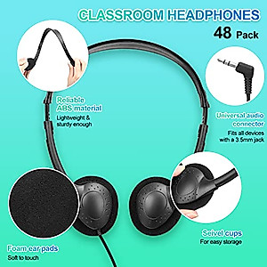 Frienda 48 Pack Classroom Headphones on Ear Wired Stereo Headset with 3.5mm Jack, Over The Head Student Earphone Set for Kids Adults School Library Airplane Computer Laptop, No Microphone (Black)
